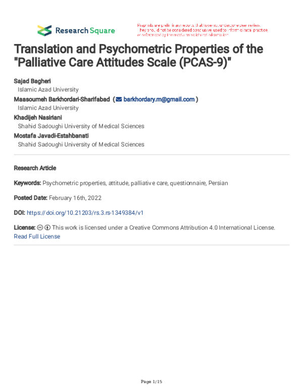 (PDF) Translation and Psychometric Properties of the "Palliative Care ...