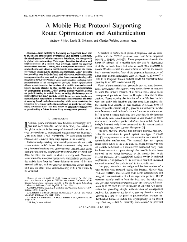 (PDF) A mobile host protocol supporting route optimization and authentication
