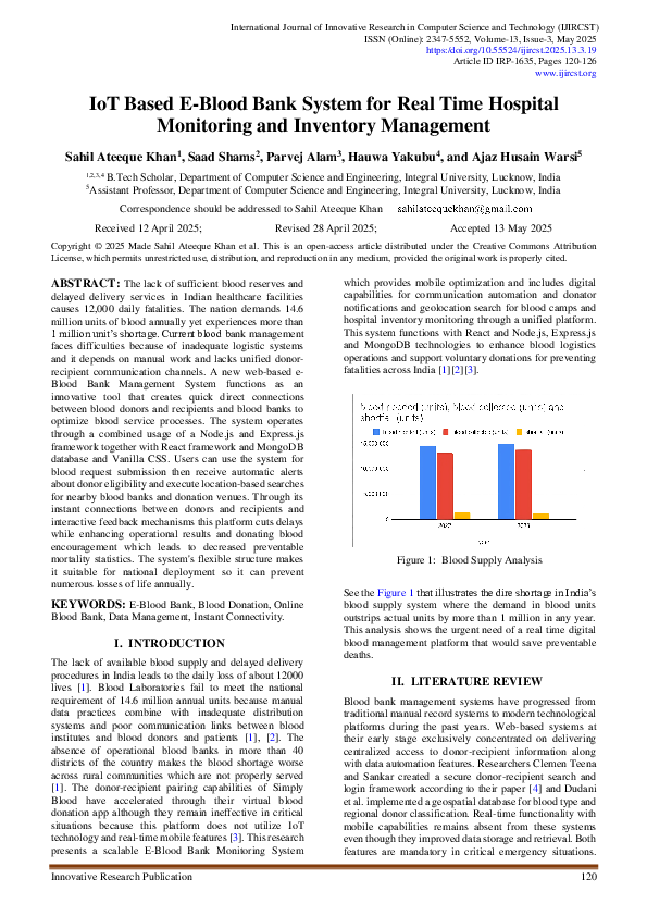 (PDF) IoT Based E-Blood Bank System for Real Time Hospital Monitoring and Inventory Management