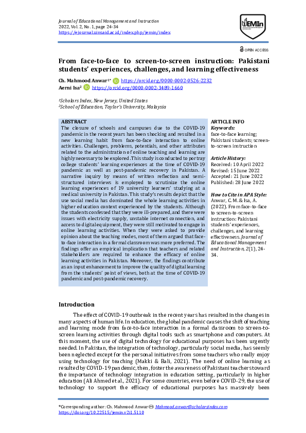 (PDF) From face-to-face to screen-to-screen instruction: Pakistani ...