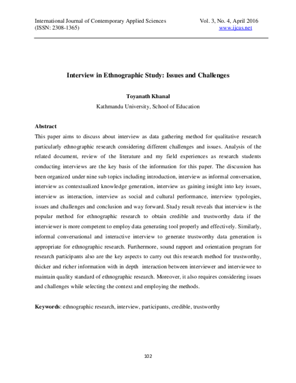 (PDF) Interview in Ethnographic Study: Issues and Challenges