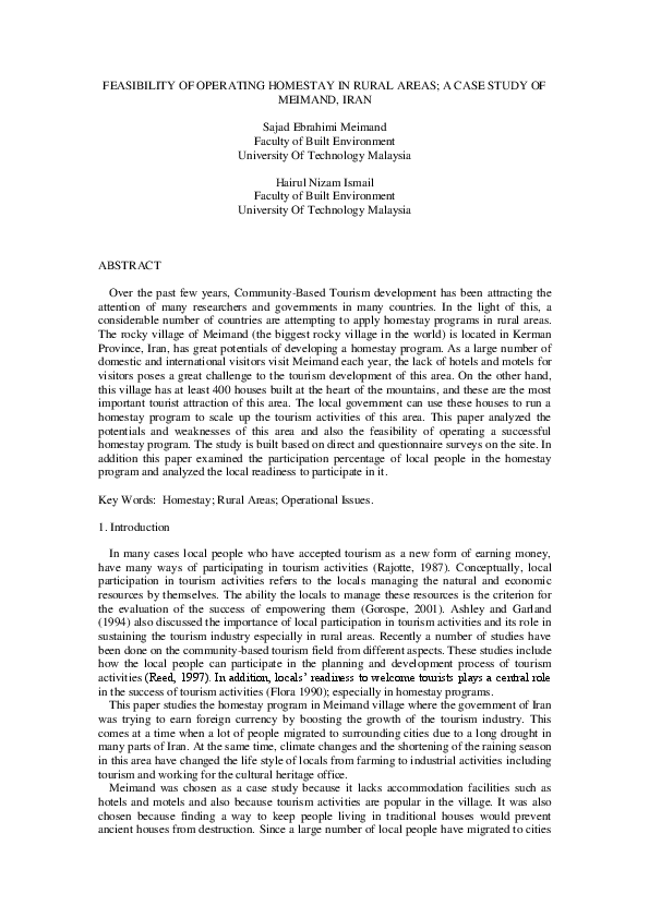 (PDF) FEASIBILITY OF OPERATING HOMESTAY IN RURAL AREAS; A CASE STUDY OF ...