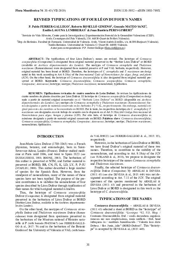 (PDF) Revised typifications of four Léon Dufour’s names