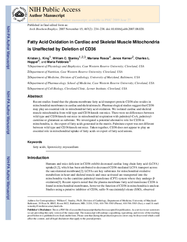 (PDF) Fatty acid oxidation in cardiac and skeletal muscle mitochondria ...