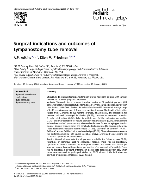 (PDF) Surgical indications and outcomes of tympanostomy tube removal