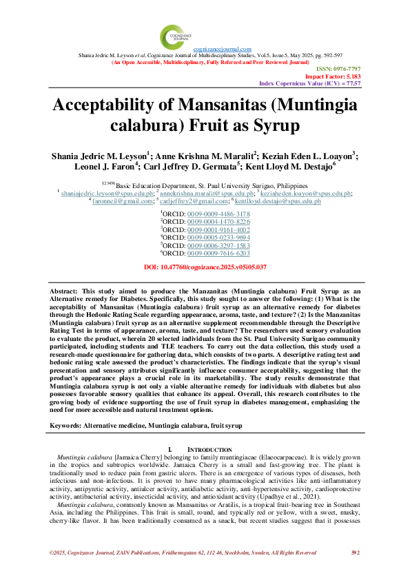 (PDF) Acceptability of Mansanitas (Muntingia calabura) Fruit as Syrup