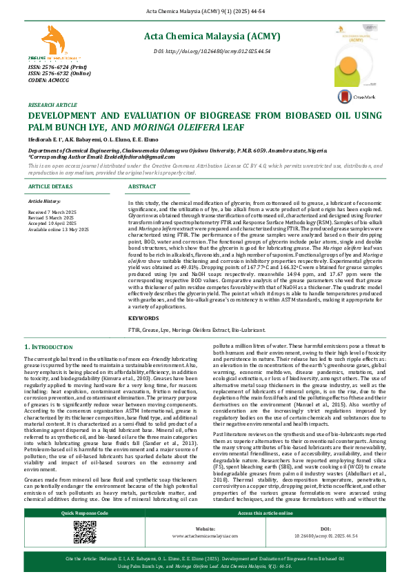 (PDF) DEVELOPMENT AND EVALUATION OF BIOGREASE FROM BIOBASED OIL USING PALM BUNCH LYE, AND ...