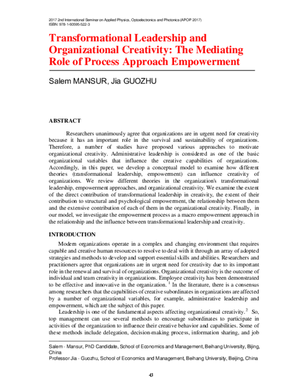 (PDF) Transformational Leadership and Organizational Creativity: The Mediating Role of Process ...