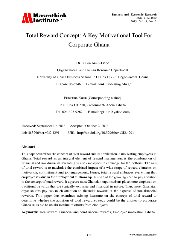 (PDF) Total Reward Concept: A Key Motivational Tool For Corporate Ghana