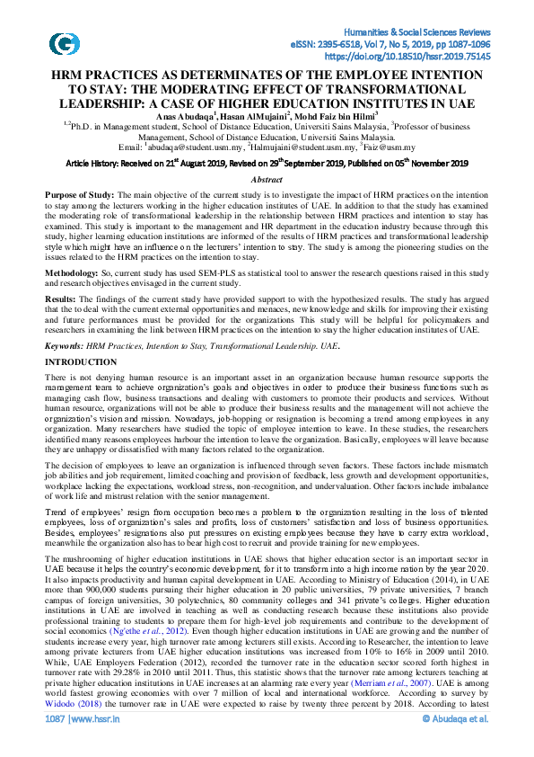 (PDF) Transformational leadership and employee turnover intention