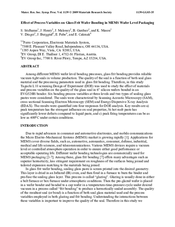 (PDF) Effect of Process Variables on Glass Frit Wafer Bonding in MEMS ...