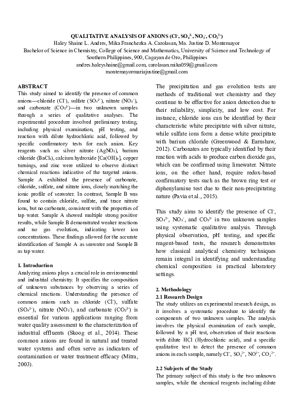 (PDF) USTP LAB REPORT FOR QUALITATIVE ANALYSIS OF ANIONS (Cl{-}, SO4{2 ...