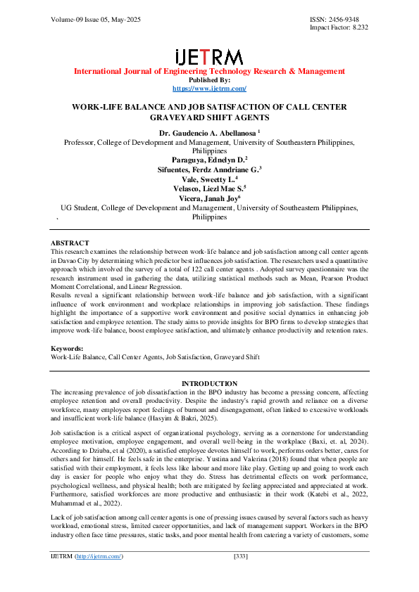 (PDF) WORK-LIFE BALANCE AND JOB SATISFACTION OF CALL CENTER GRAVEYARD ...