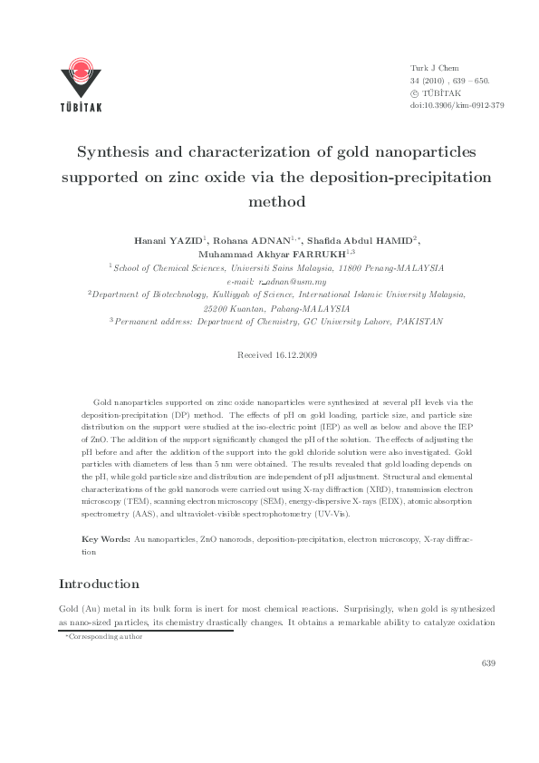 (PDF) Synthesis and characterization of gold nanoparticles supported on zinc oxide via the ...