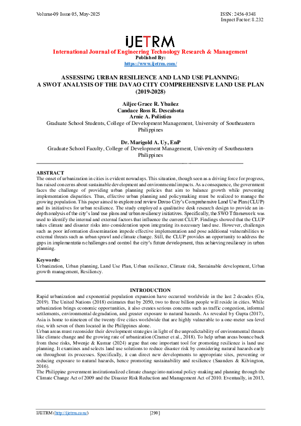 (PDF) ASSESSING URBAN RESILIENCE AND LAND USE PLANNING: A SWOT ANALYSIS ...