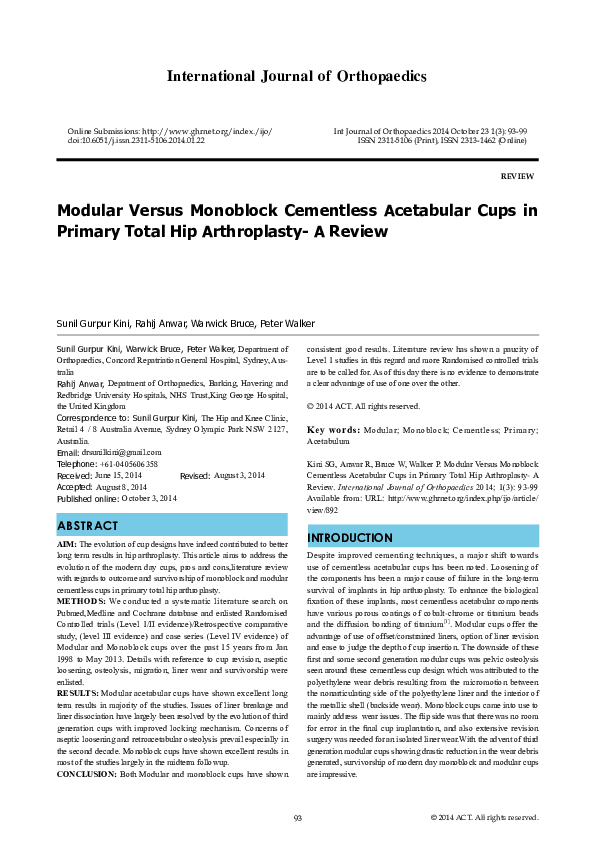 (PDF) Modular Versus Monoblock Cementless Acetabular Cups in Primary ...