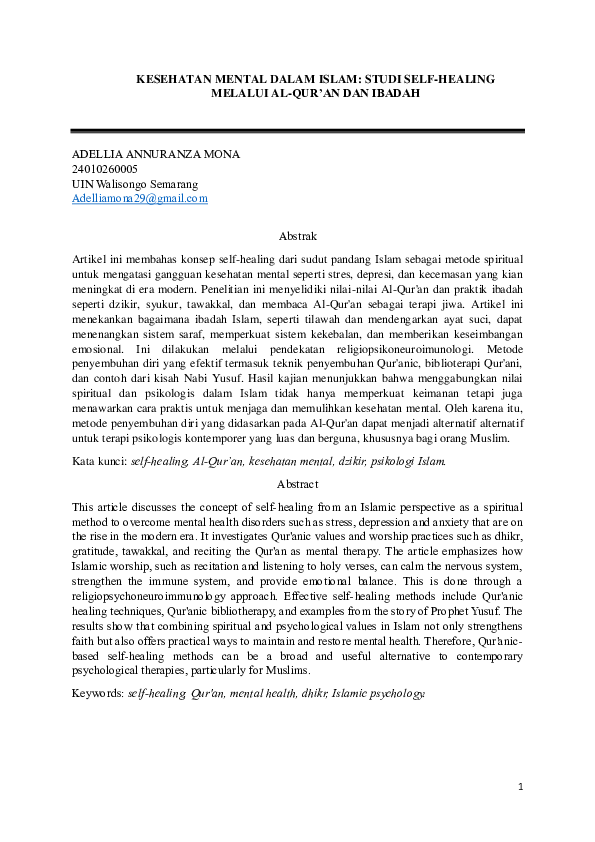 (PDF) KESEHATAN MENTAL DALAM ISLAM: STUDI SELF-HEALING MELALUI AL-QUR'AN DAN IBADAH