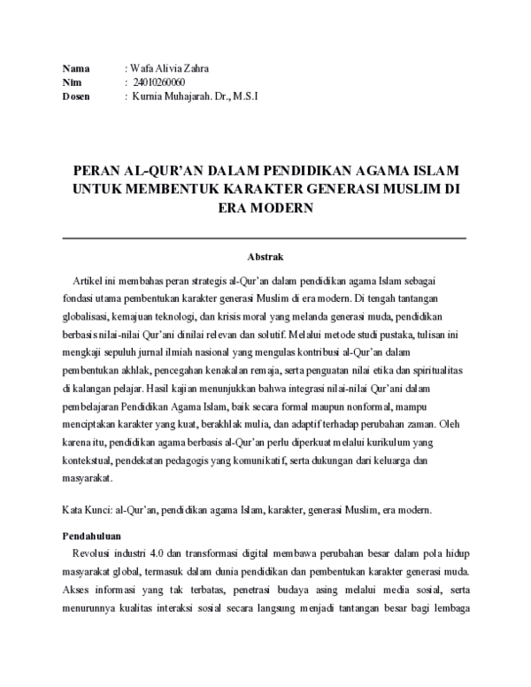 (PDF) PERAN AL-QUR’AN DALAM PENDIDIKAN AGAMA ISLAM UNTUK MEMBENTUK KARAKTER GENERASI MUSLIM DI ...