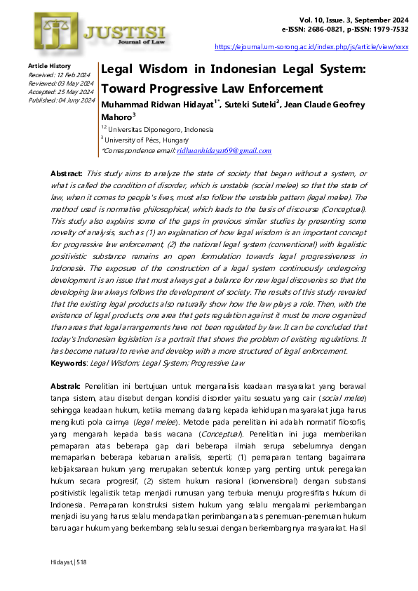 (PDF) Legal Wisdom in Indonesian Legal System: Toward Progressive Law ...