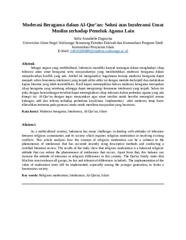 (PDF) Moderasi Beragama dalam Al-Qur'an: Solusi atas Intoleransi Umat ...