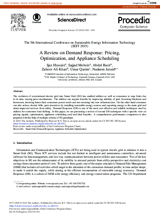 (PDF) A Review on Demand Response: Pricing, Optimization, and Appliance Scheduling