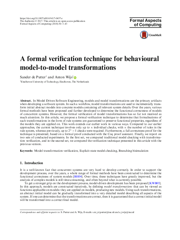 (PDF) A formal verification technique for behavioural model-to-model transformations