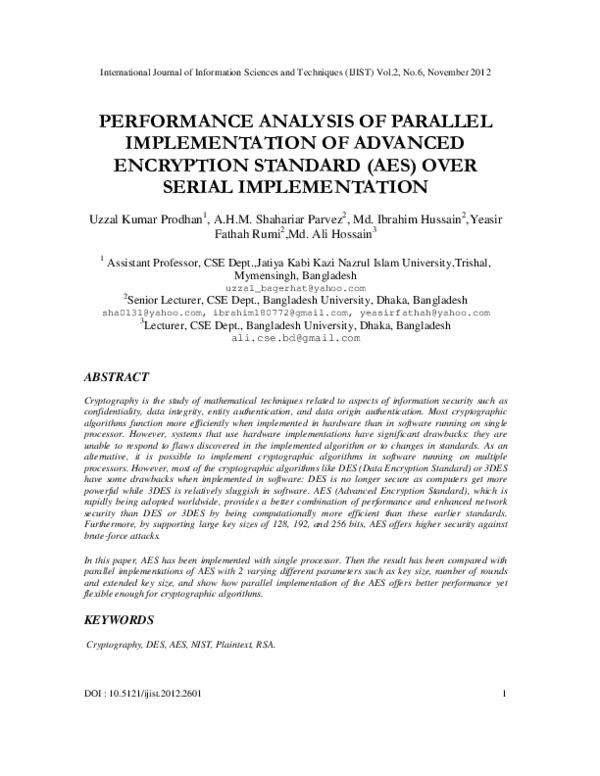 (PDF) Performance Analysis of Parallel Implementation of Advanced Encryption Standard (AES) Over ...