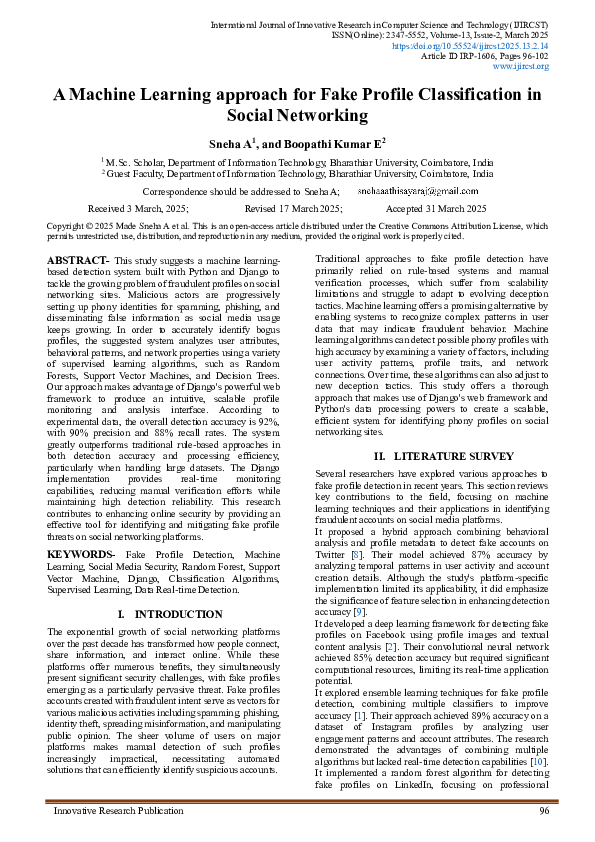 (PDF) A Machine Learning approach for Fake Profile Classification in ...