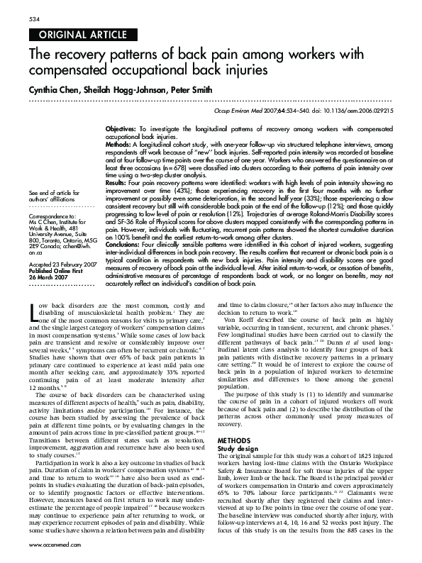 (PDF) The recovery patterns of back pain among workers with compensated ...