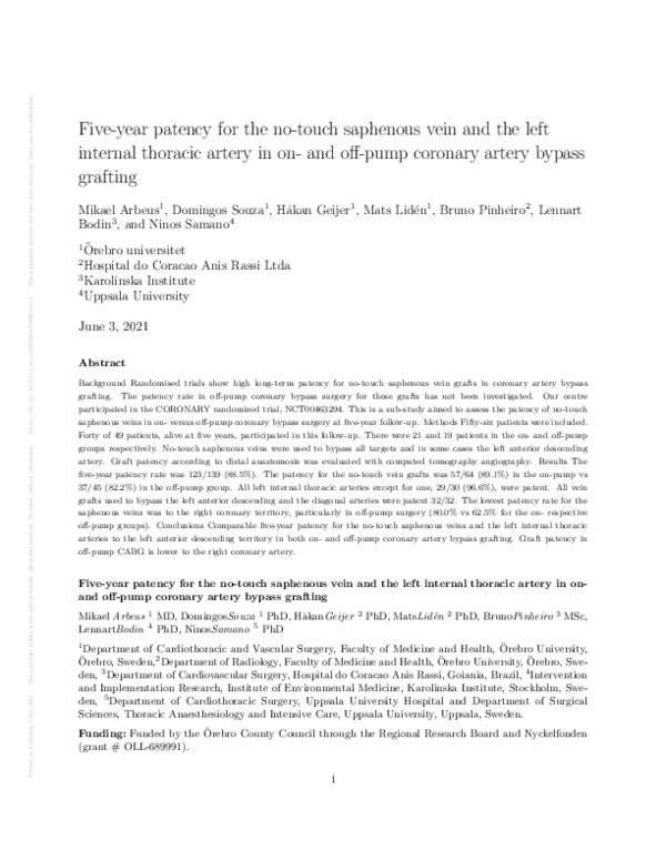 (PDF) Five‐year patency for the no‐touch saphenous vein and the left ...