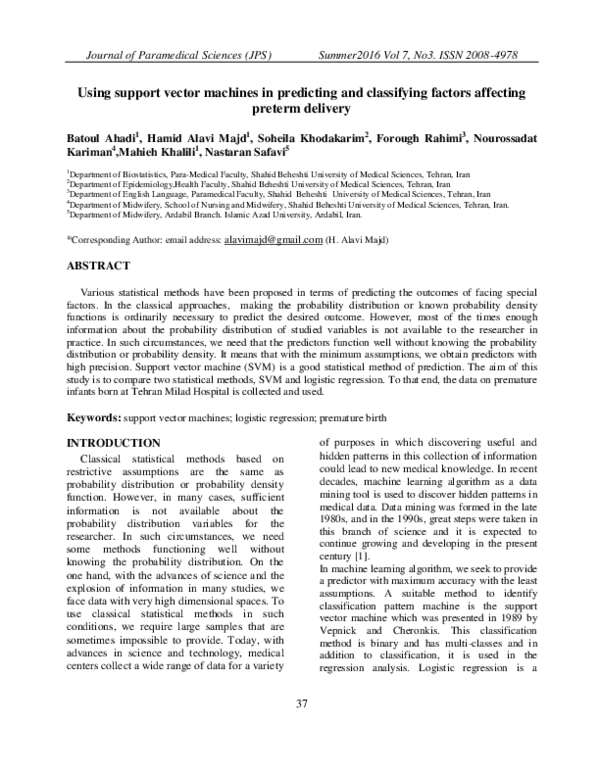 (PDF) Using support vector machines in predicting and classifying factors affecting preterm delivery