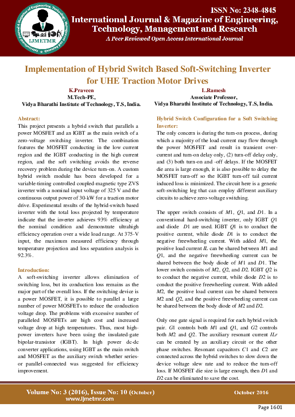 (PDF) Implementation of Hybrid Switch Based Soft-Switching Inverter for UHE Traction Motor Drives
