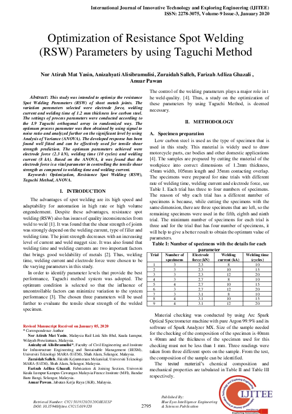 (PDF) Optimization of Resistance Spot Welding (RSW) Parameters by using ...