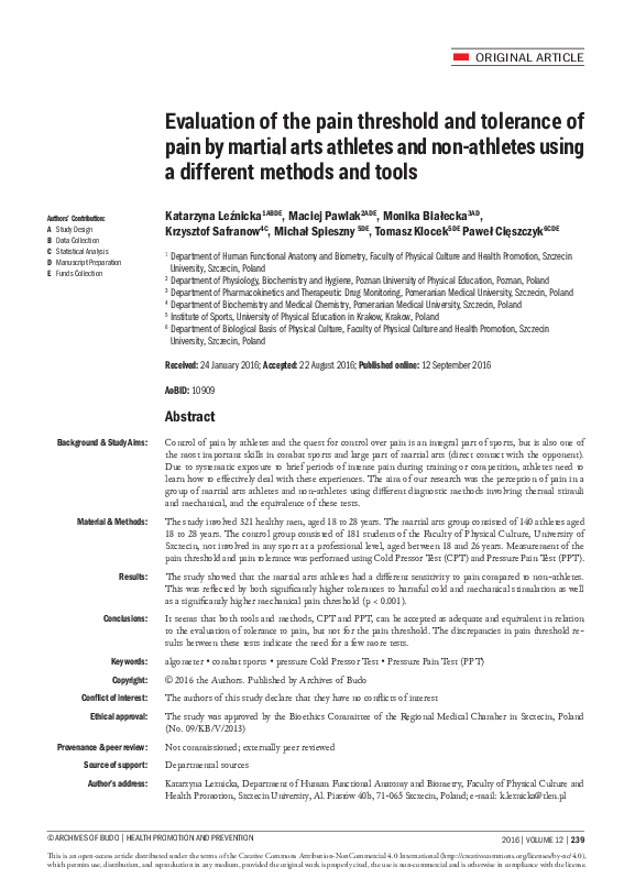 (PDF) Evaluation of the pain threshold and tolerance of pain by martial ...