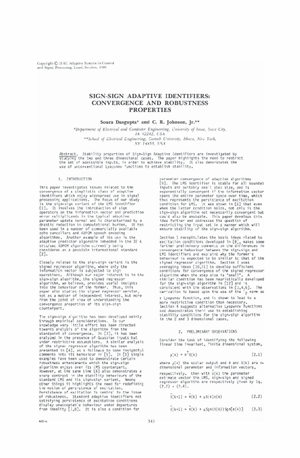 (PDF) Sign-sign Adaptive Identifiers: Convergence and Robustness Properties