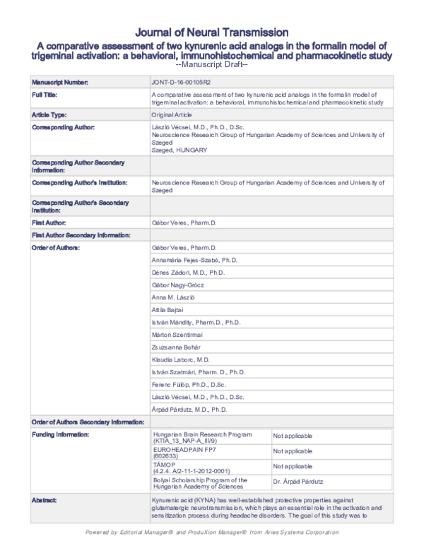 (PDF) A comparative assessment of two kynurenic acid analogs in the ...