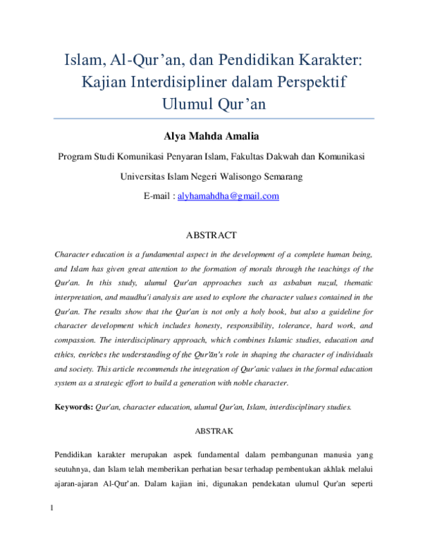 (PDF) Islam, Al-Qur"an, dan Pendidikan Karakter: Kajian Interdisipliner dalam Perspektif Ulumul ...