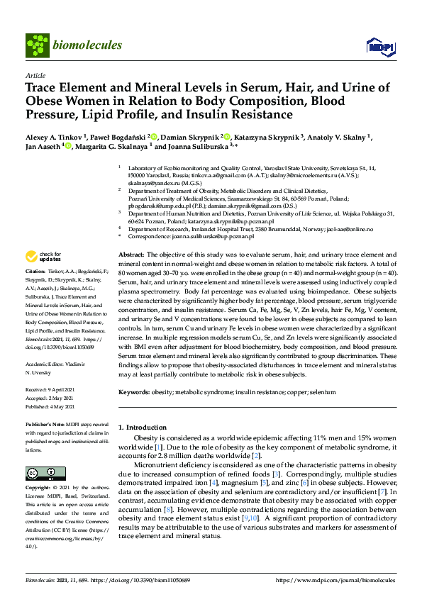 (PDF) Trace Element and Mineral Levels in Serum, Hair, and Urine of Obese Women in Relation to ...