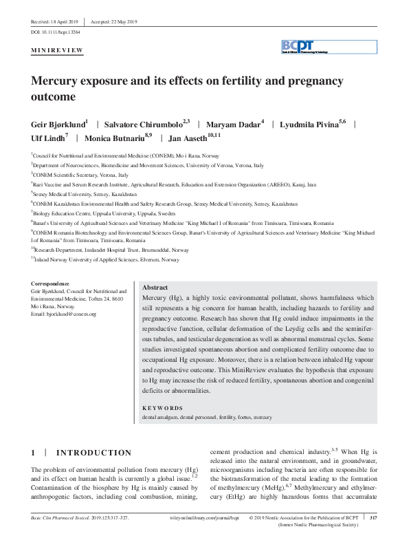(PDF) Mercury exposure and its effects on fertility and pregnancy outcome