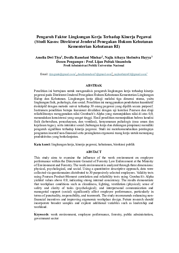 (PDF) Pengaruh Faktor Lingkungan Kerja Terhadap Kinerja Pegawai (Studi Kasus: Direktorat ...