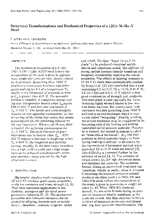 (PDF) Structural transformations and mechanical properties of a 12Cr Ni Mo V steel