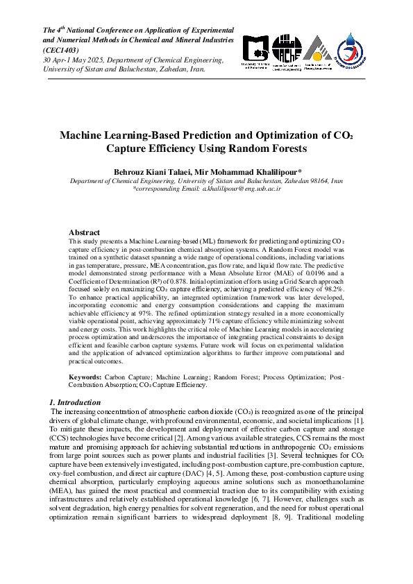 (PDF) Machine Learning-Based Prediction and Optimization of CO₂ Capture Efficiency Using Random ...