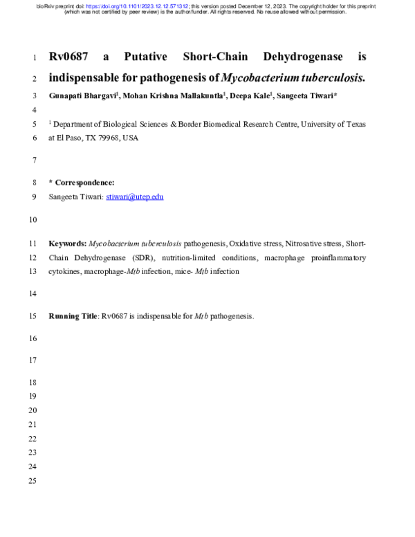 (PDF) Rv0687 a Putative Short-Chain Dehydrogenase is indispensable for ...