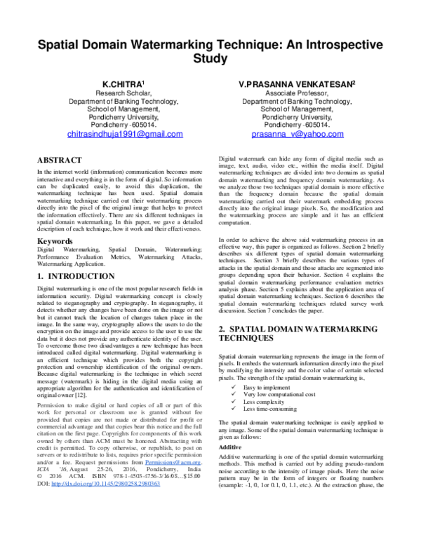 (PDF) Spatial Domain Watermarking Technique: An Introspective Study