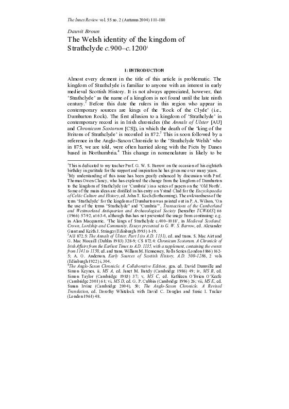 (PDF) The Welsh identity of the kingdom of Strathclyde c. 900– c. 1200