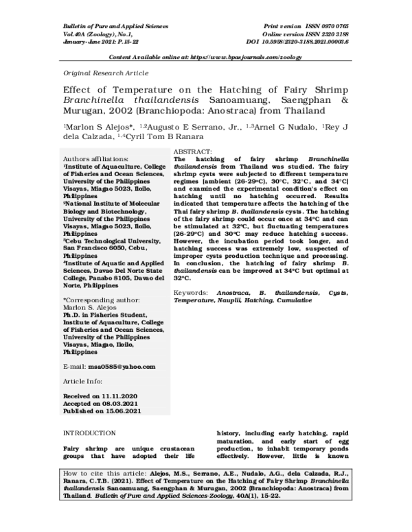 (PDF) Effect of Temperature on the Hatching of Fairy Shrimp Branchinella thailandensisSanoamuang ...