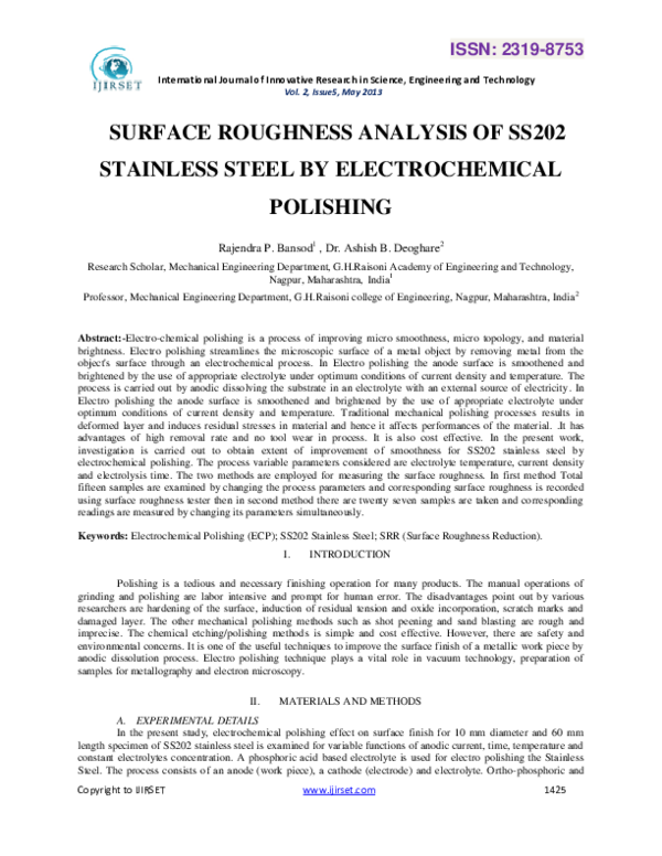 (PDF) Surface Roughness Analysis of SS202 Stainless Steel by ...
