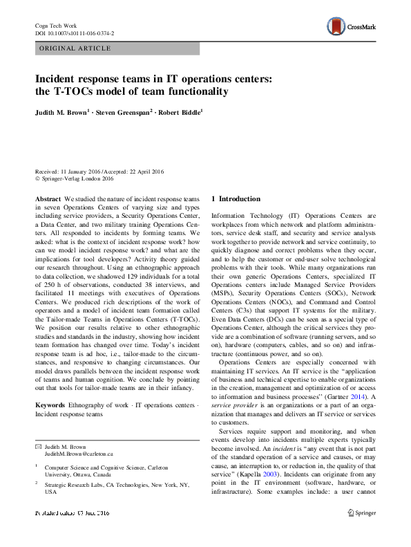 (PDF) Incident response teams in IT operations centers: the T-TOCs ...
