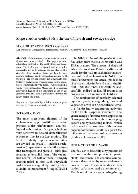 (PDF) Slope erosion control with the use of fly-ash and sewage sludge