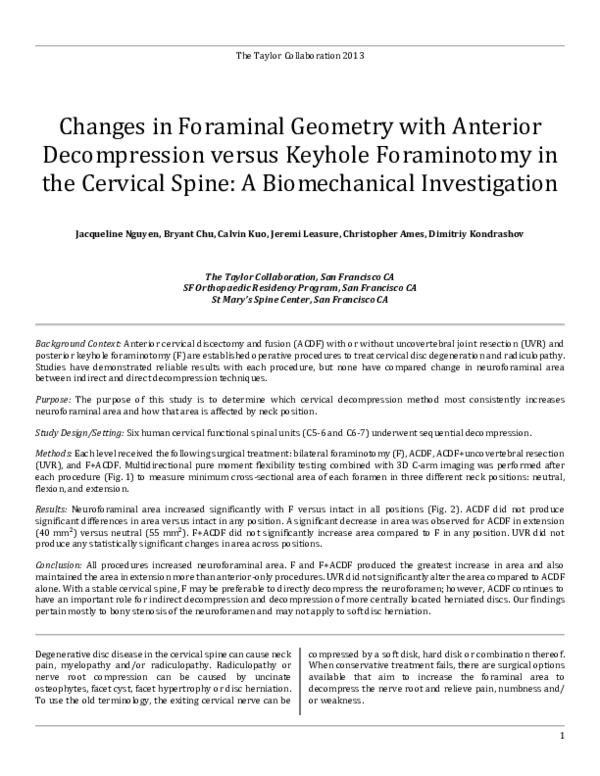 (PDF) Changes in Foraminal Geometry With Anterior Decompression Versus ...